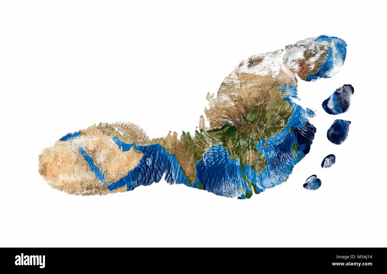 Real imprint of child foot with a world map of Asia - isolated on white ...