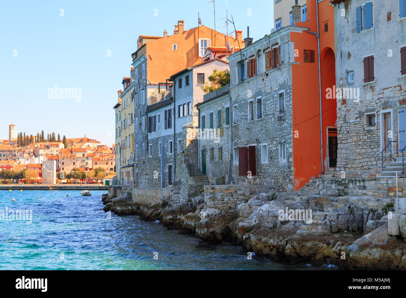Beautiful and cozy medieval town of Rovinj, colorful with houses and ...