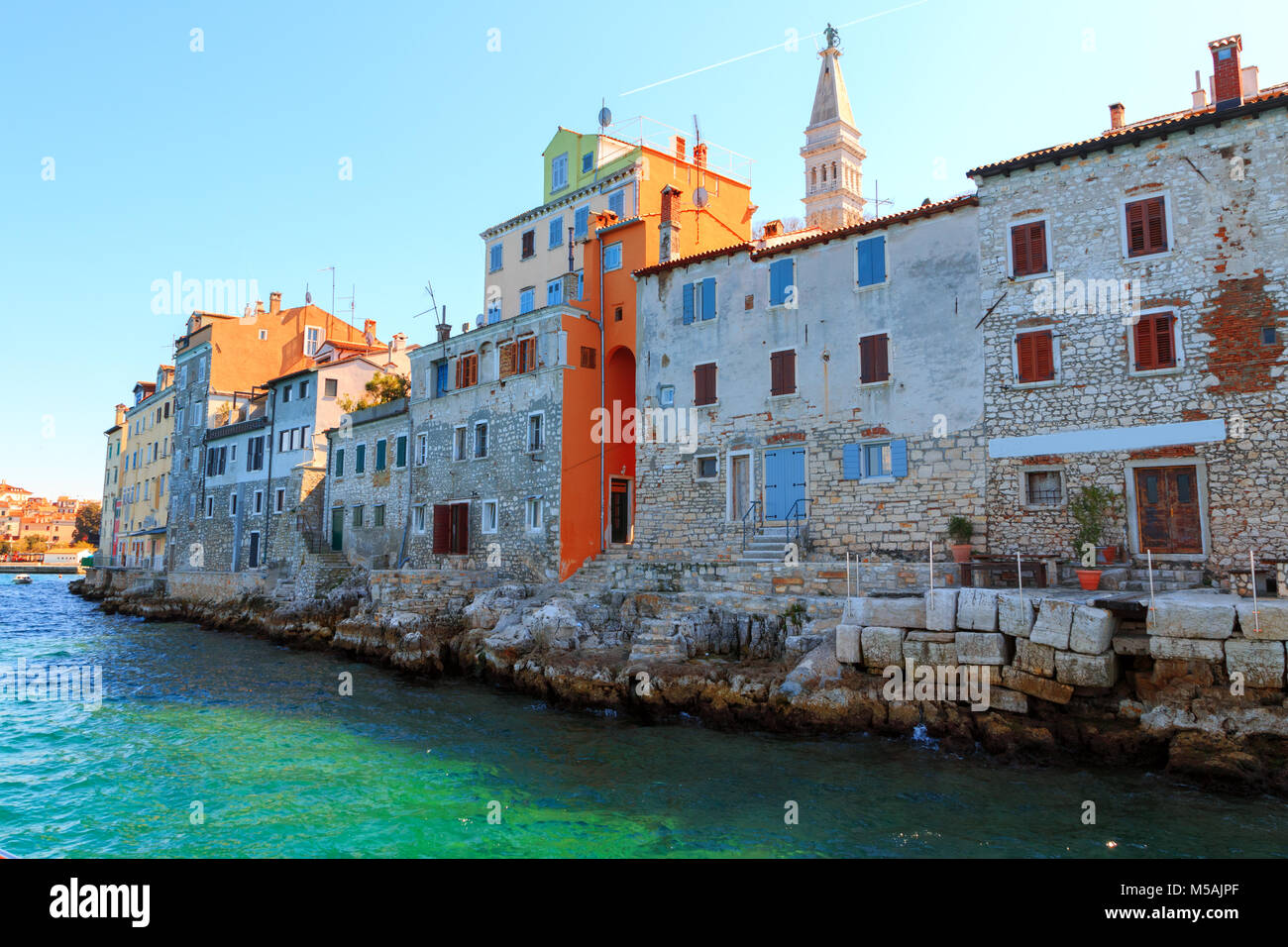Beautiful and cozy medieval town of Rovinj, colorful with houses and ...