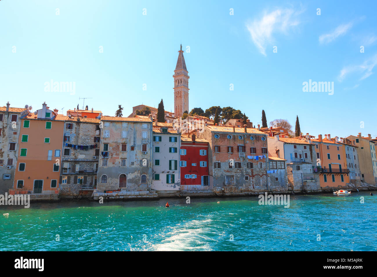 Beautiful and cozy medieval town of Rovinj, colorful with houses and ...