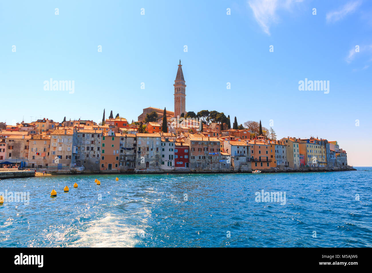 Beautiful and cozy medieval town of Rovinj, colorful with houses and ...