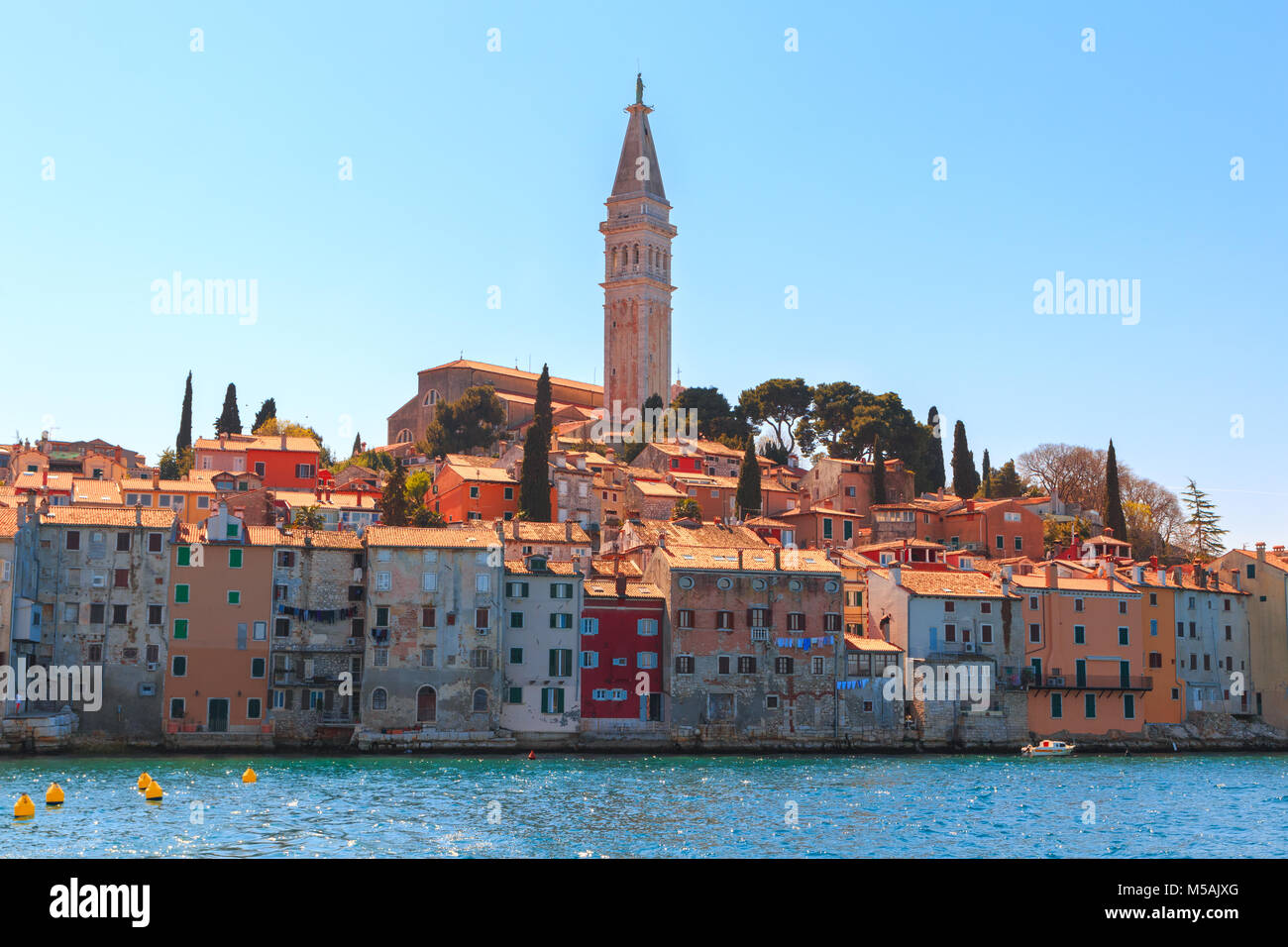 Beautiful and cozy medieval town of Rovinj, colorful with houses and ...