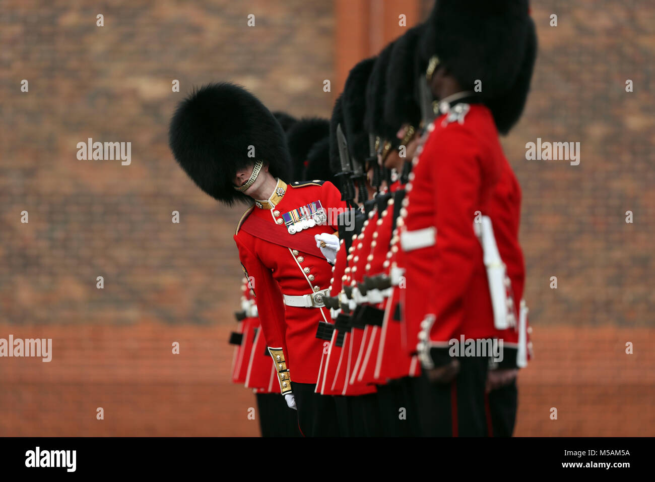 Soldiers from the 1st Battalion Coldstream Guards line up to be ...