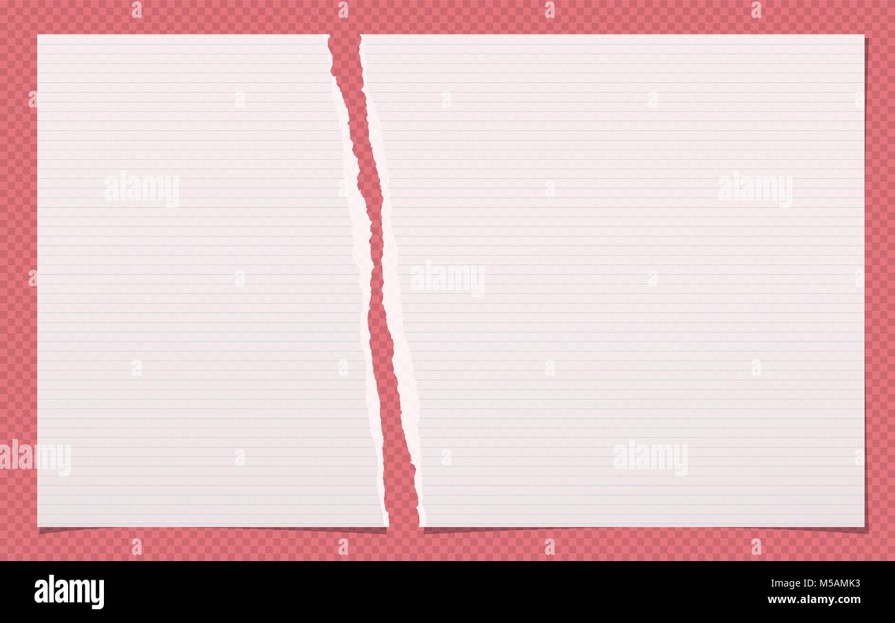 Torn white lined note, notebook paper sheets for text stuck on red ...