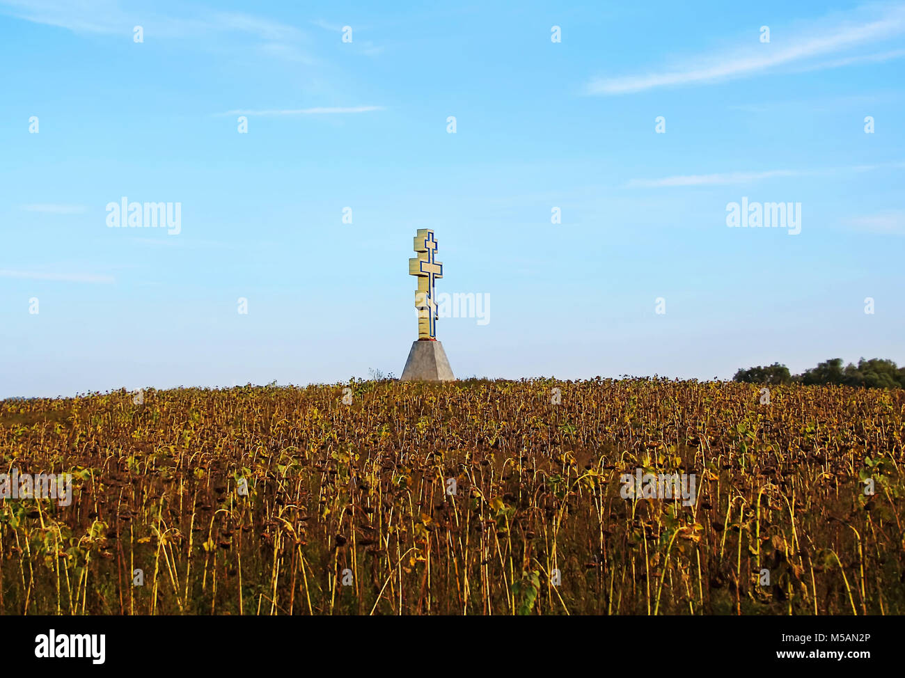 Autumn landscape with faded sunflower and cross Stock Photo - Alamy