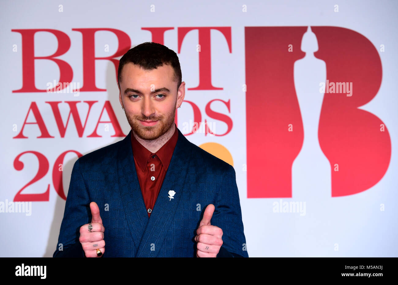 Sam Smith attending the Brit Awards at the O2 Arena, London Stock Photo ...