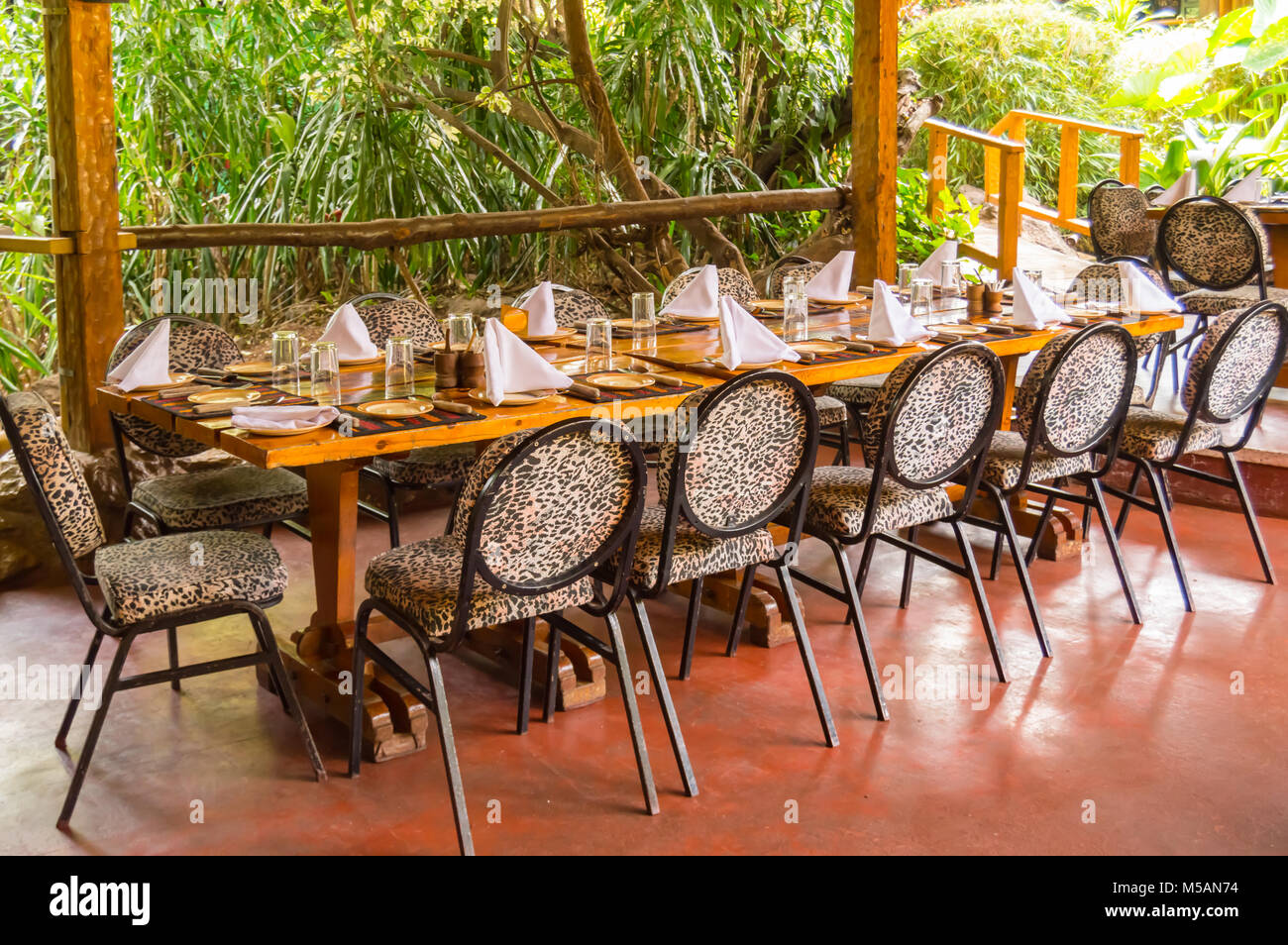 Table set on a jungle-colored terrace in a tropical environment in a ...