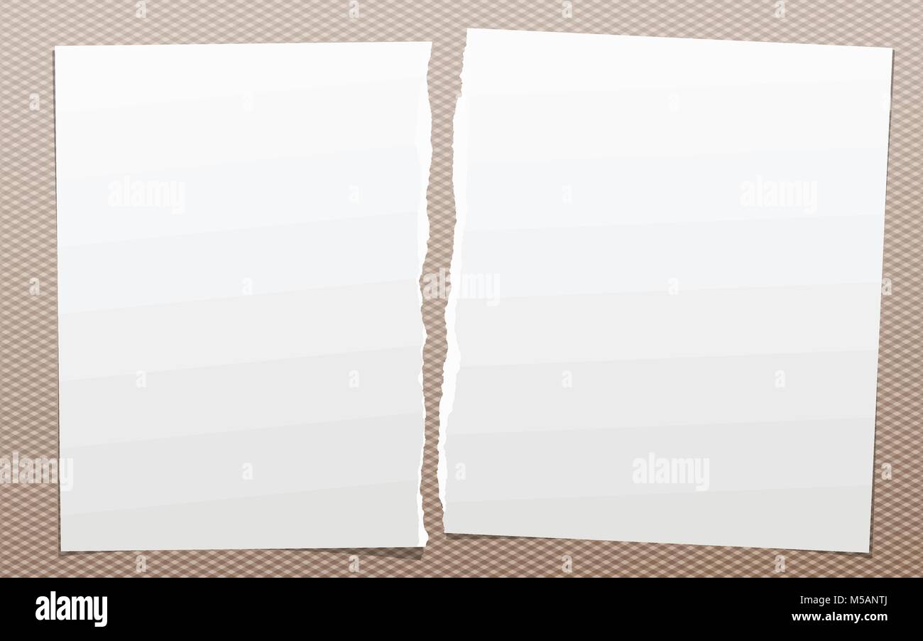Torn white empty note, notebook paper sheets for text stuck on brown ...
