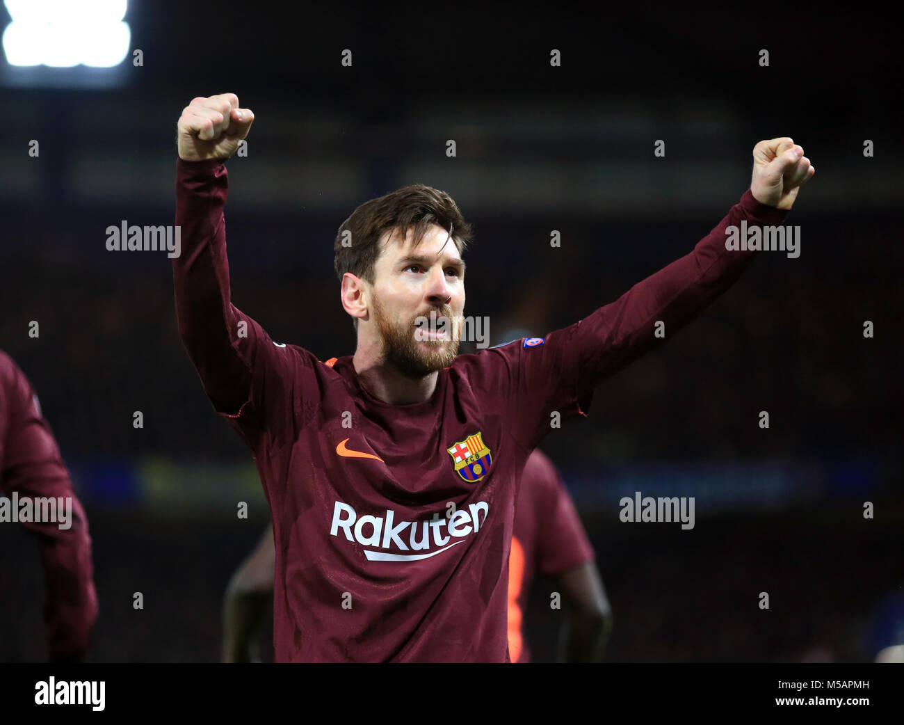Barcelona's Lionel Messi celebrates scoring his side's first goal of ...