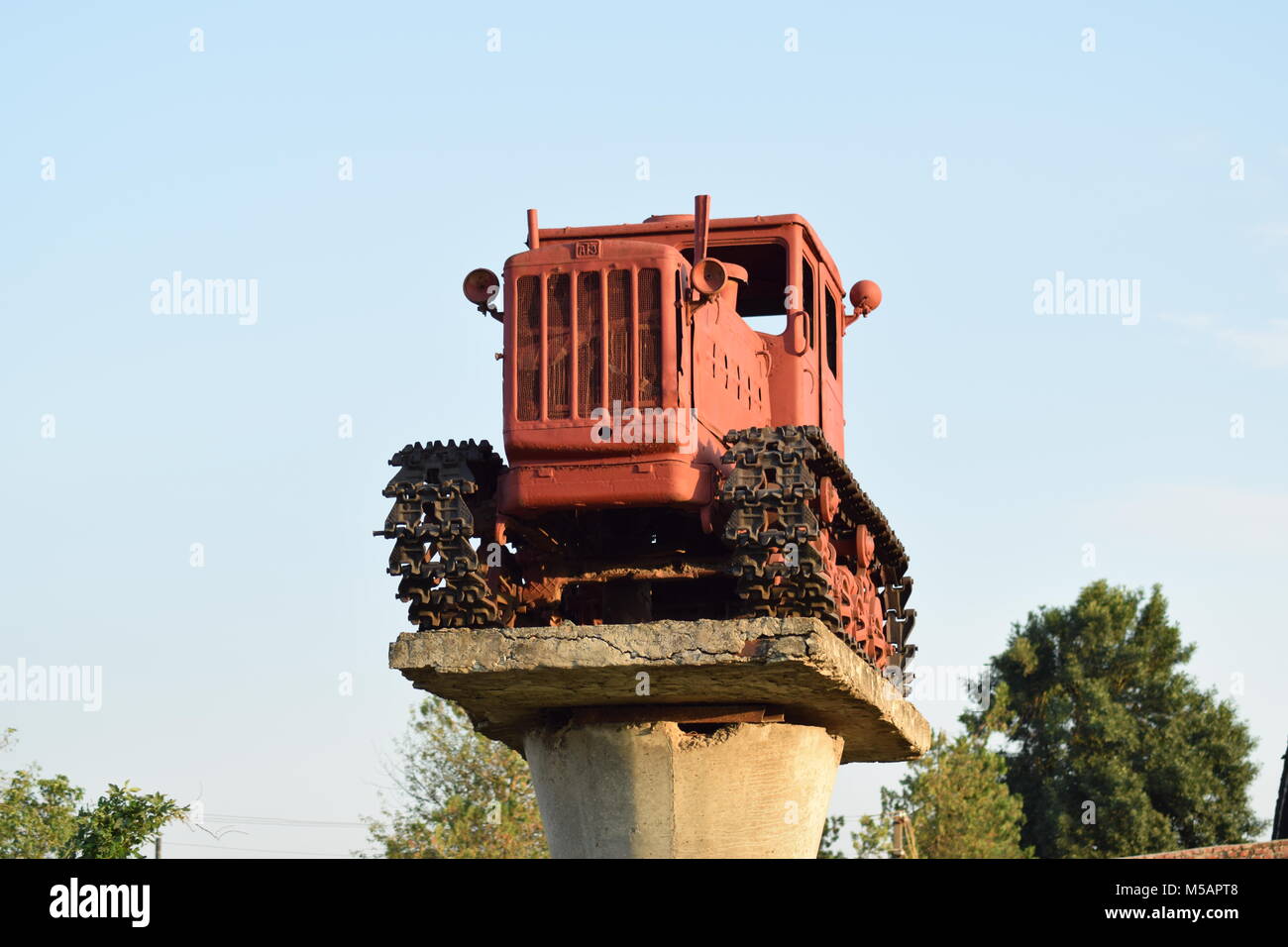 Russia, Temryuk - 15 July 2015: Tractor on a pedestal. Monument ...