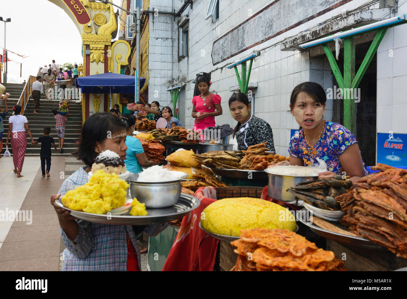 Kyaikto: food stand at pilgrim village at mount Kyaiktiyo Pagoda ...