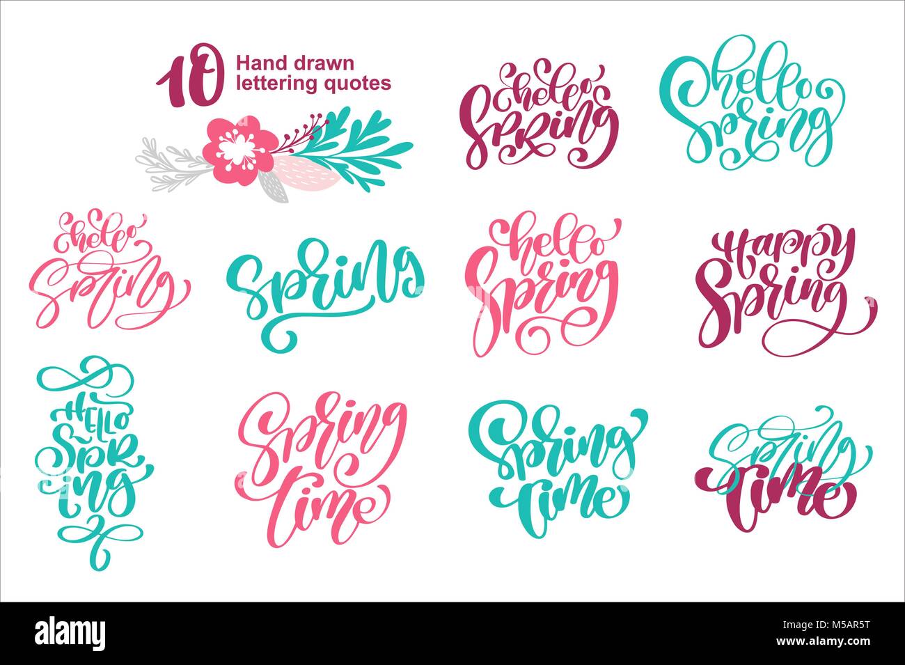 Set quotes Hello Spring time card template. Hand drawn lettering ...