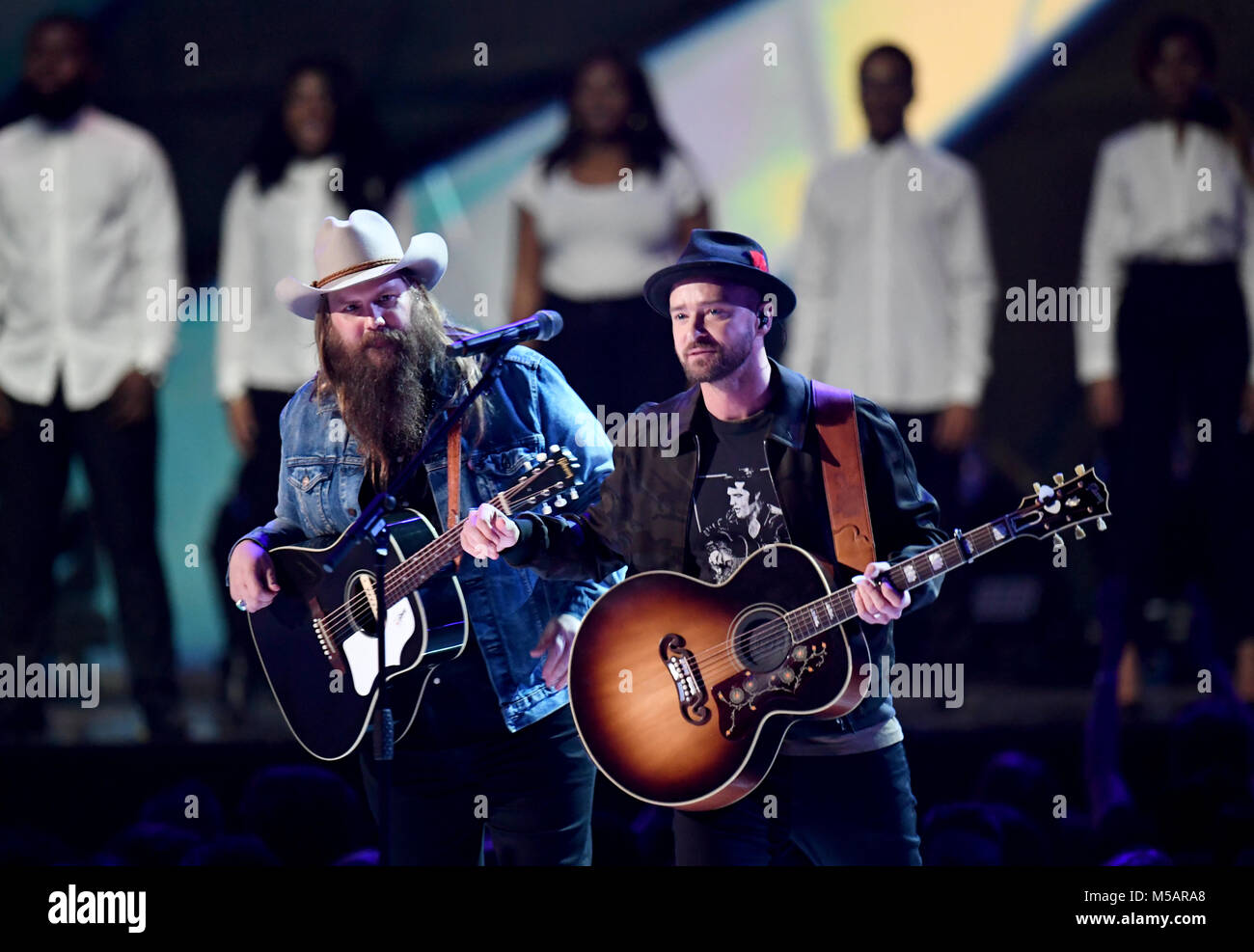 Chris Stapleton (left ) and Justin Timberlake perform on stage during ...