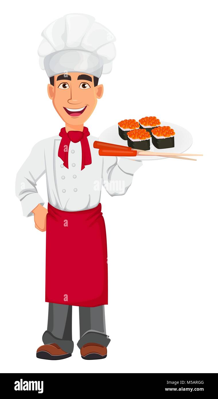 Young professional chef in uniform and cook hat. Smiling cartoon ...