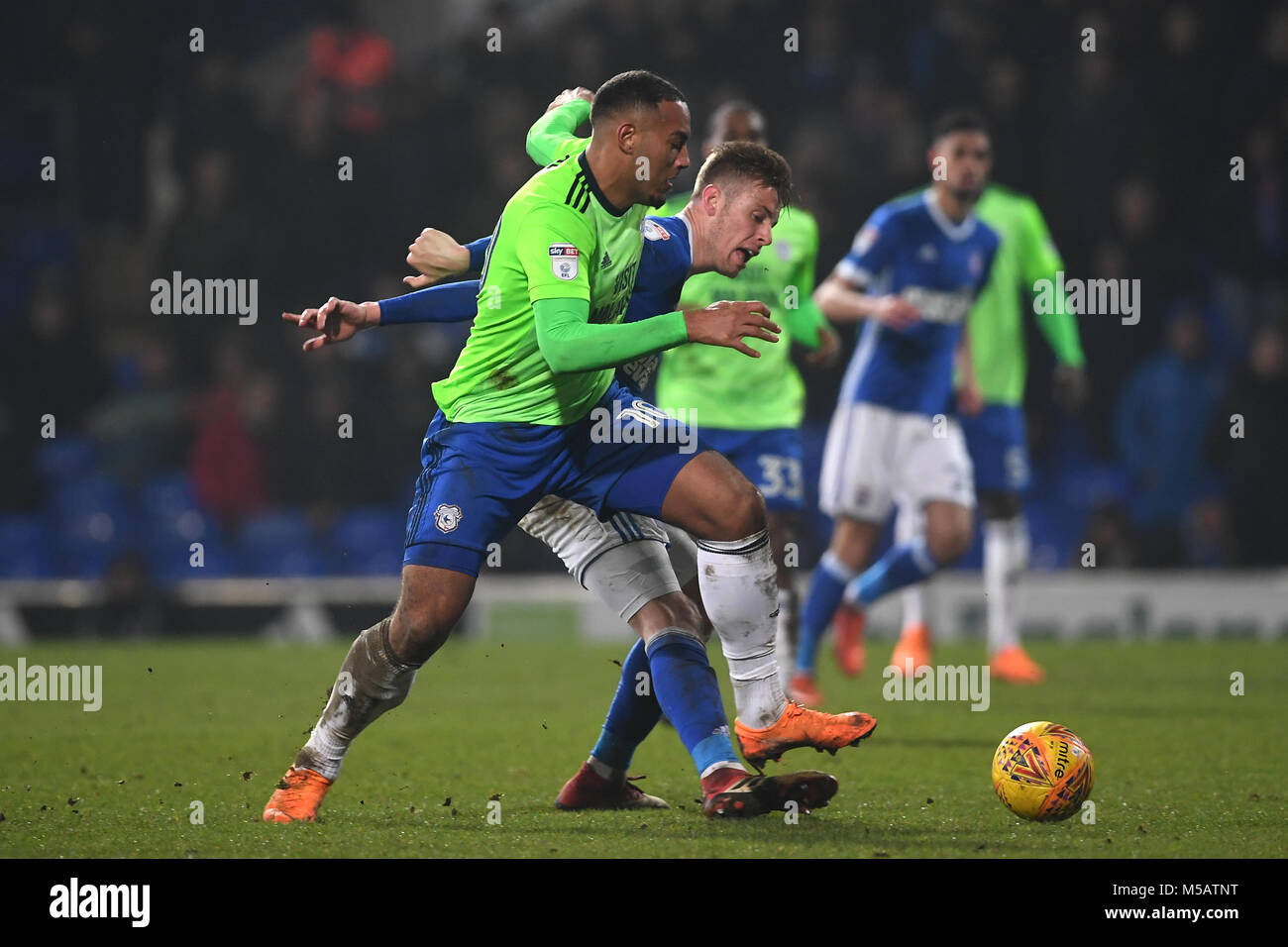 Cardiff City's Kenneth Zohore (left) and Ipswich Town's Adam Webster ...