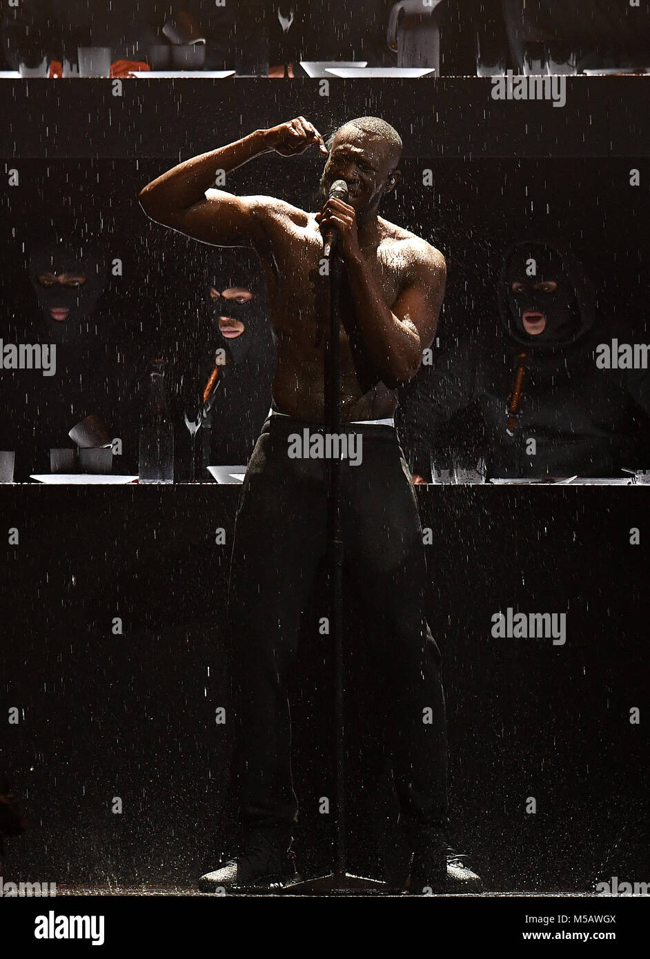 Stormzy performs on stage during the 2018 BRIT Awards show, held at the ...