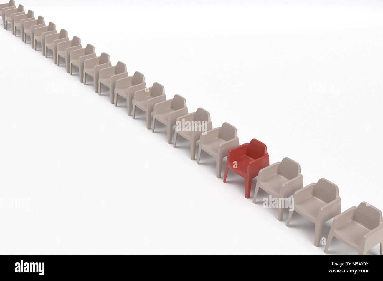 row of plastic plain chairs and one red, 3d rendering Stock Photo - Alamy