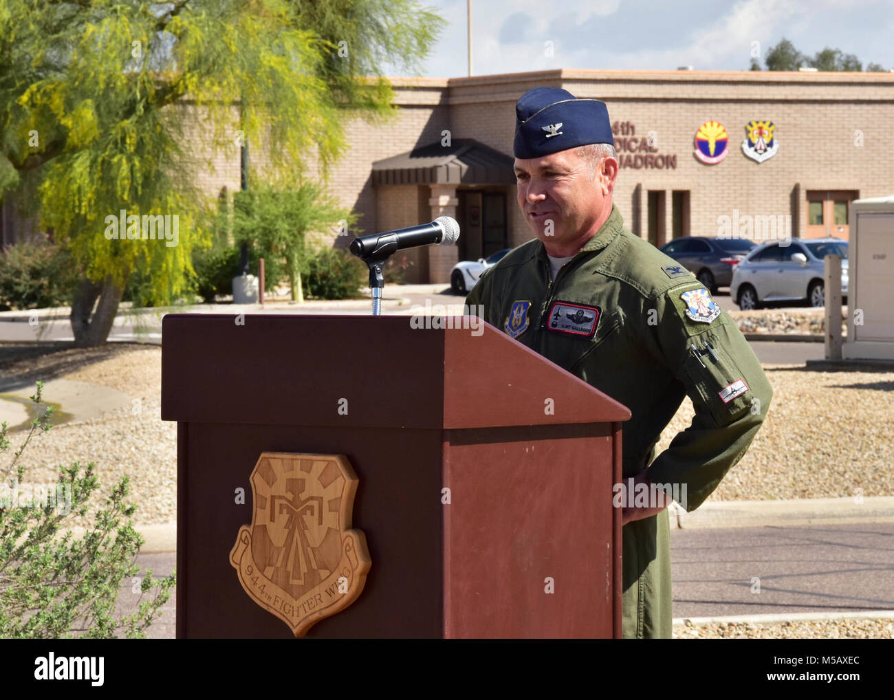 Col. Kurt Gallegos, 944th Fighter Wing commander, gives a speech Mar ...