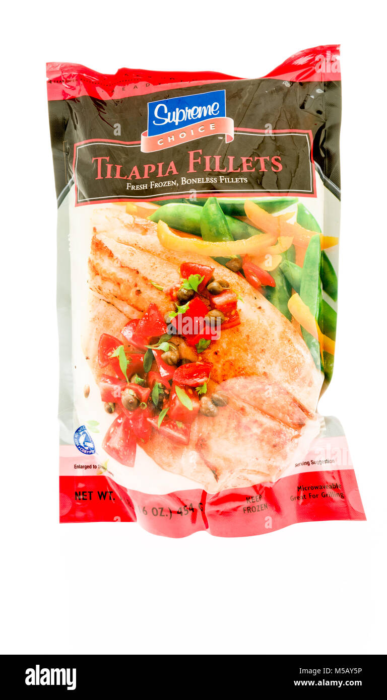 Winneconne, WI - 19 November 2017: A package of Supreme Choise tilapia ...