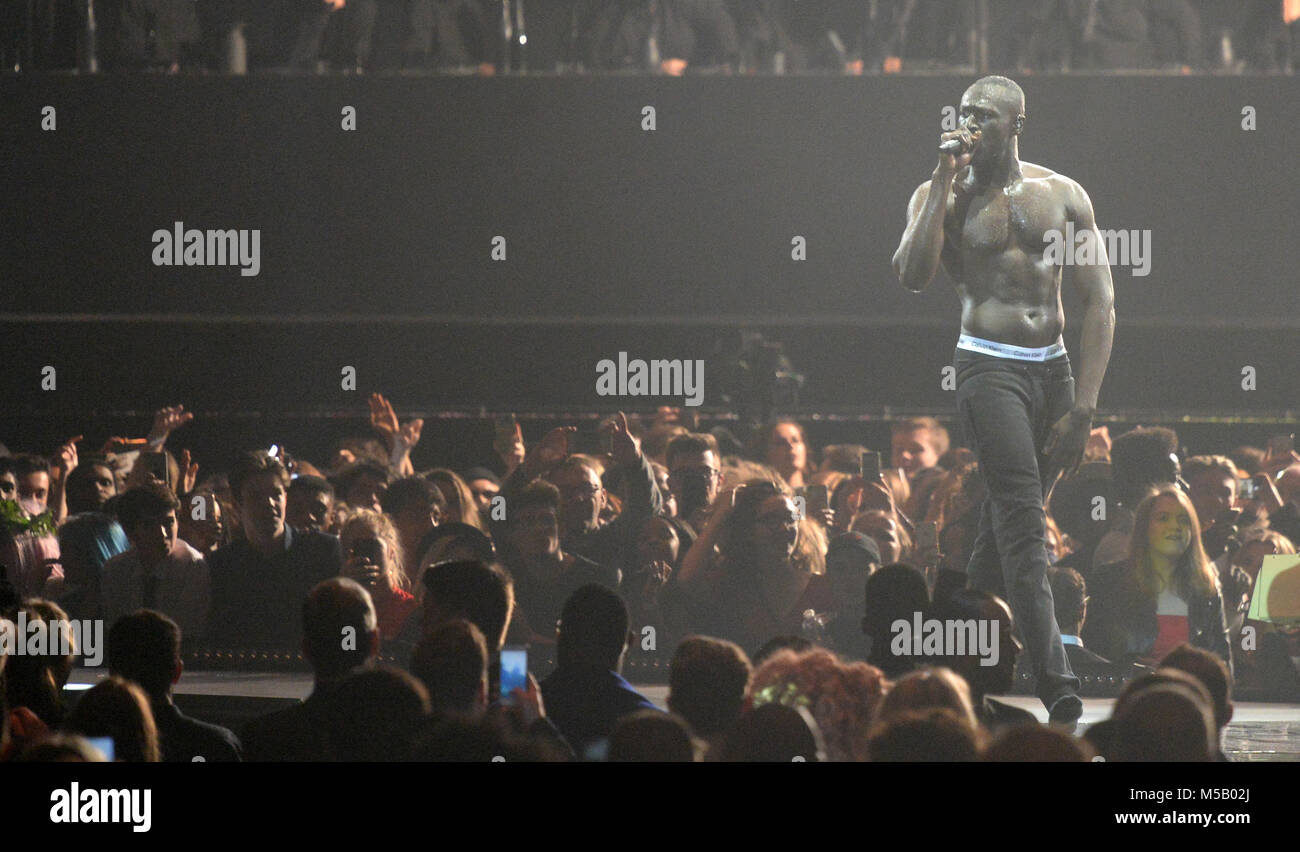 Stormzy performs on stage during the 2018 BRIT Awards show, held at the ...