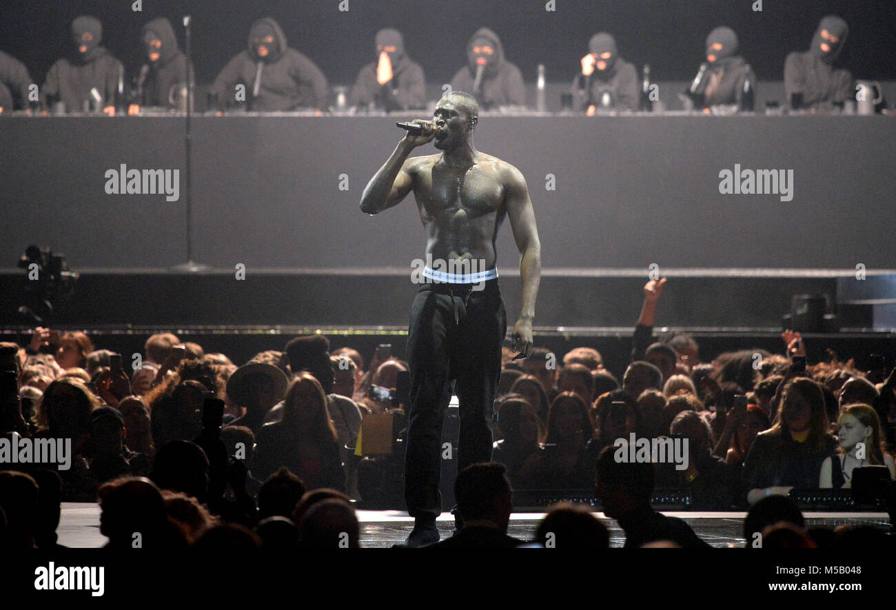 Stormzy performs on stage during the 2018 BRIT Awards show, held at the ...
