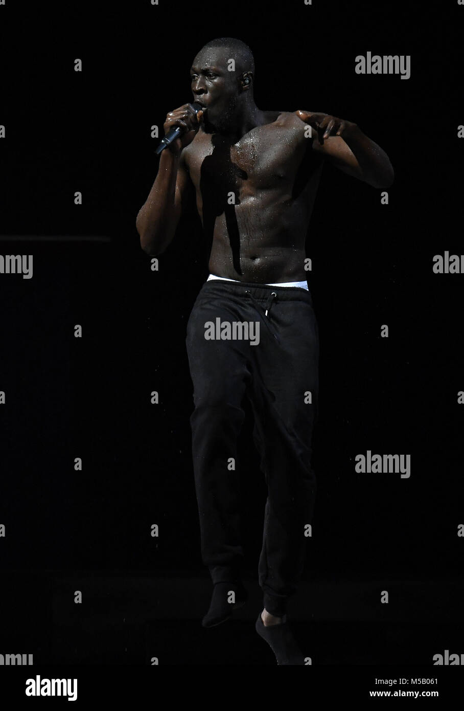 Stormzy performs on stage during the 2018 BRIT Awards show, held at the ...