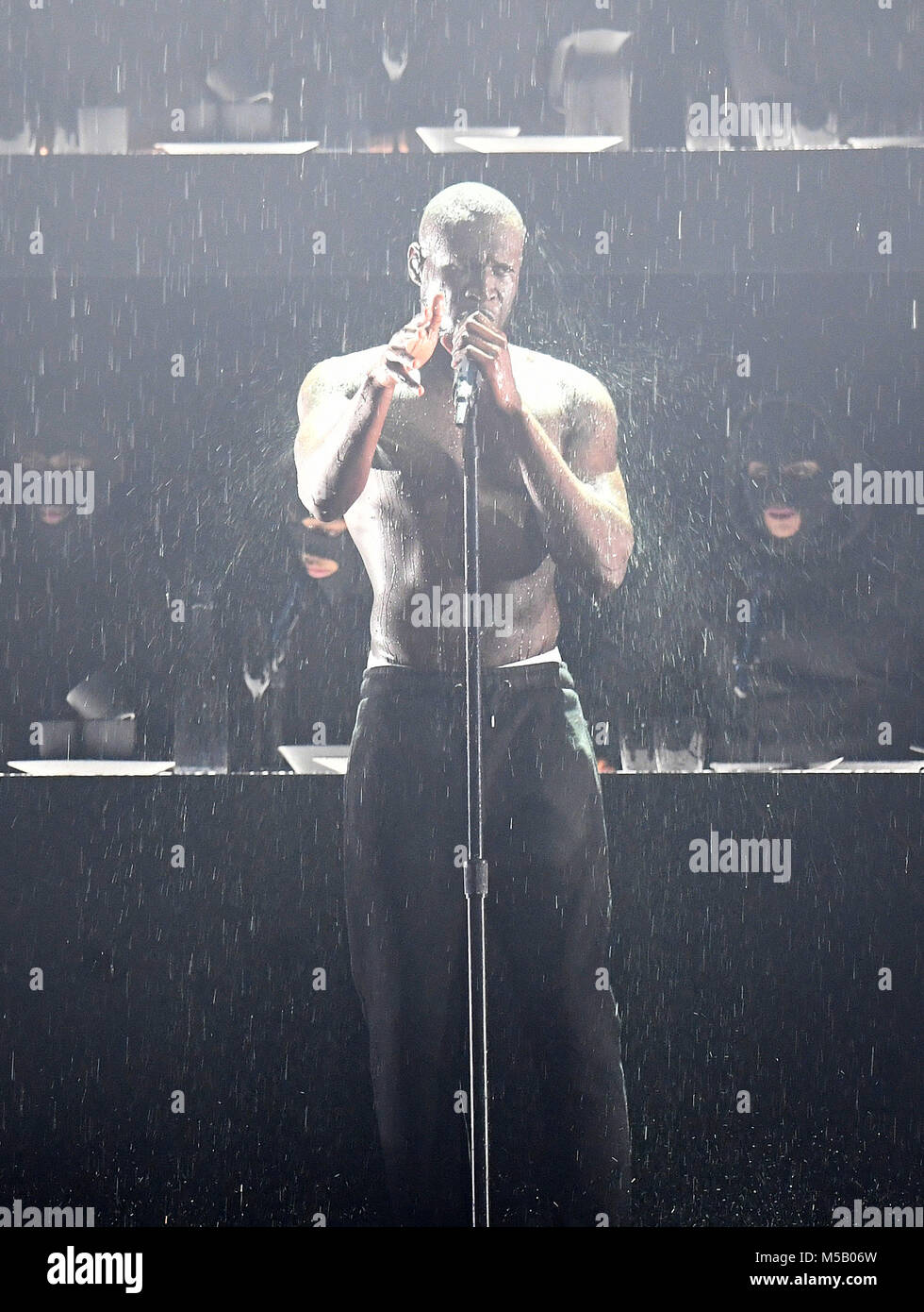 Stormzy performs on stage during the 2018 BRIT Awards show, held at the ...