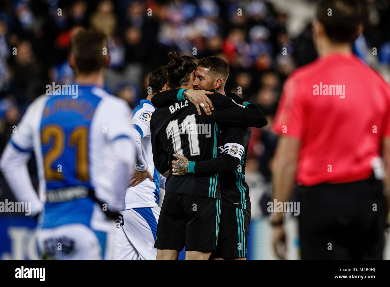 Madrid, Spain. 21st February, 2018. Sergio Ramos (Real Madrid) fights ...