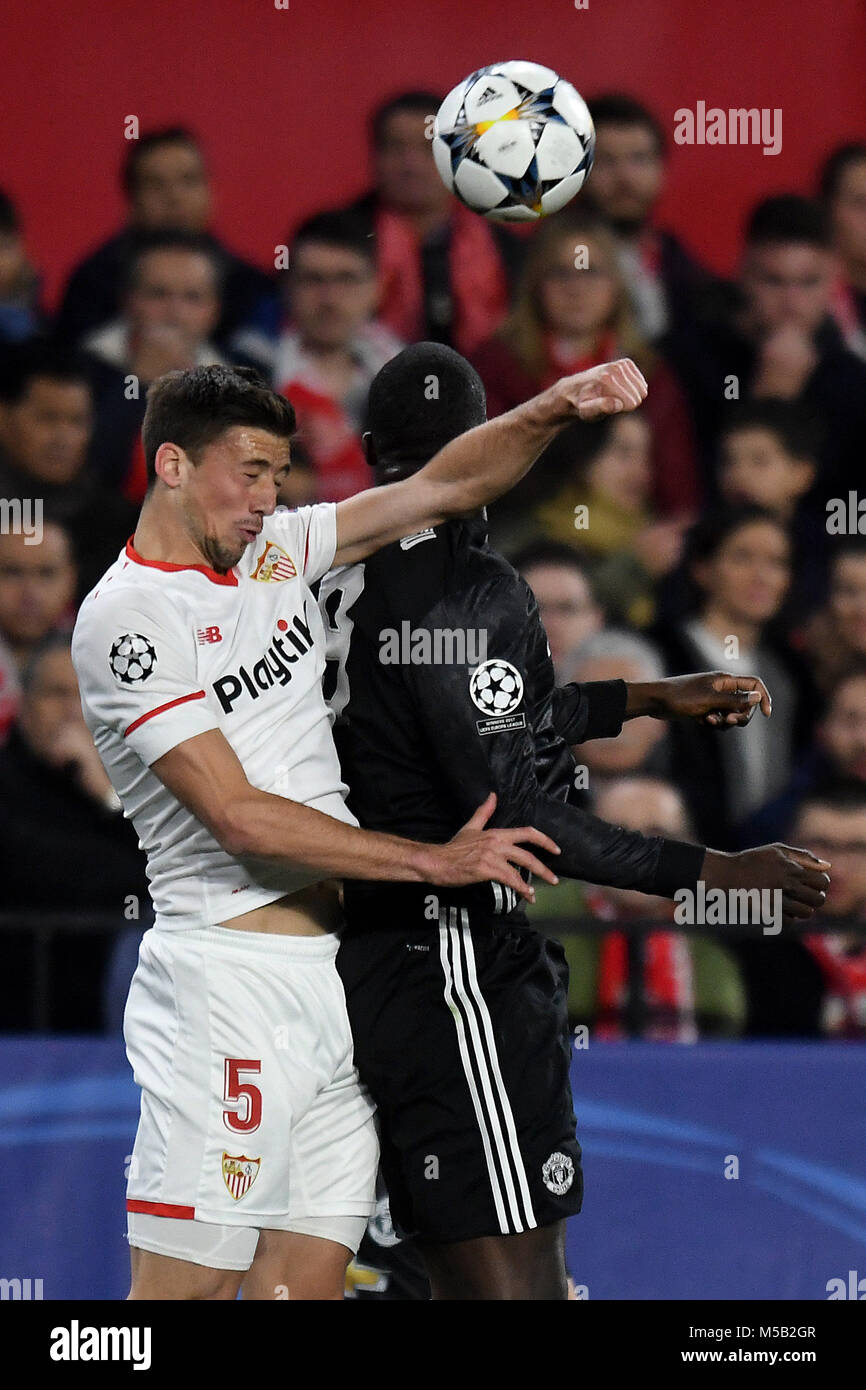 Seville, Spain. 20th Feb, 2018. Romelu Lukaku and Clement Lenglet ...
