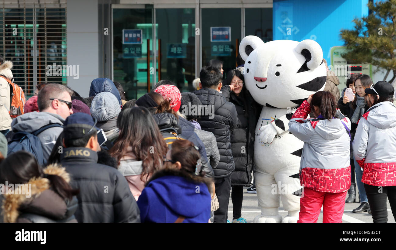 18th Feb, 2018. PyeongChang Olympic mascot Soohorang People are in line ...