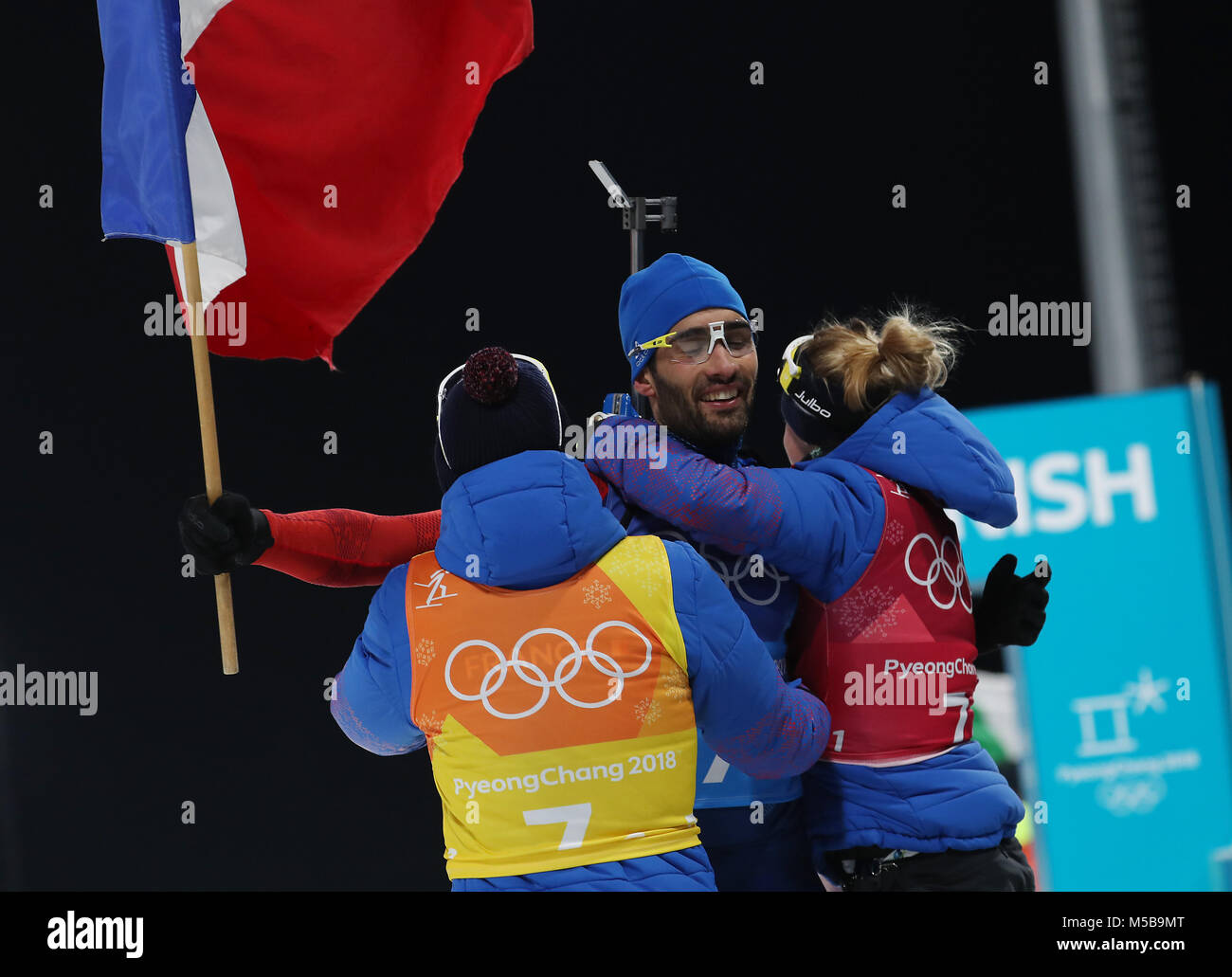20th Feb, 2018. France wins biathlon mixed relay French biathlon team ...