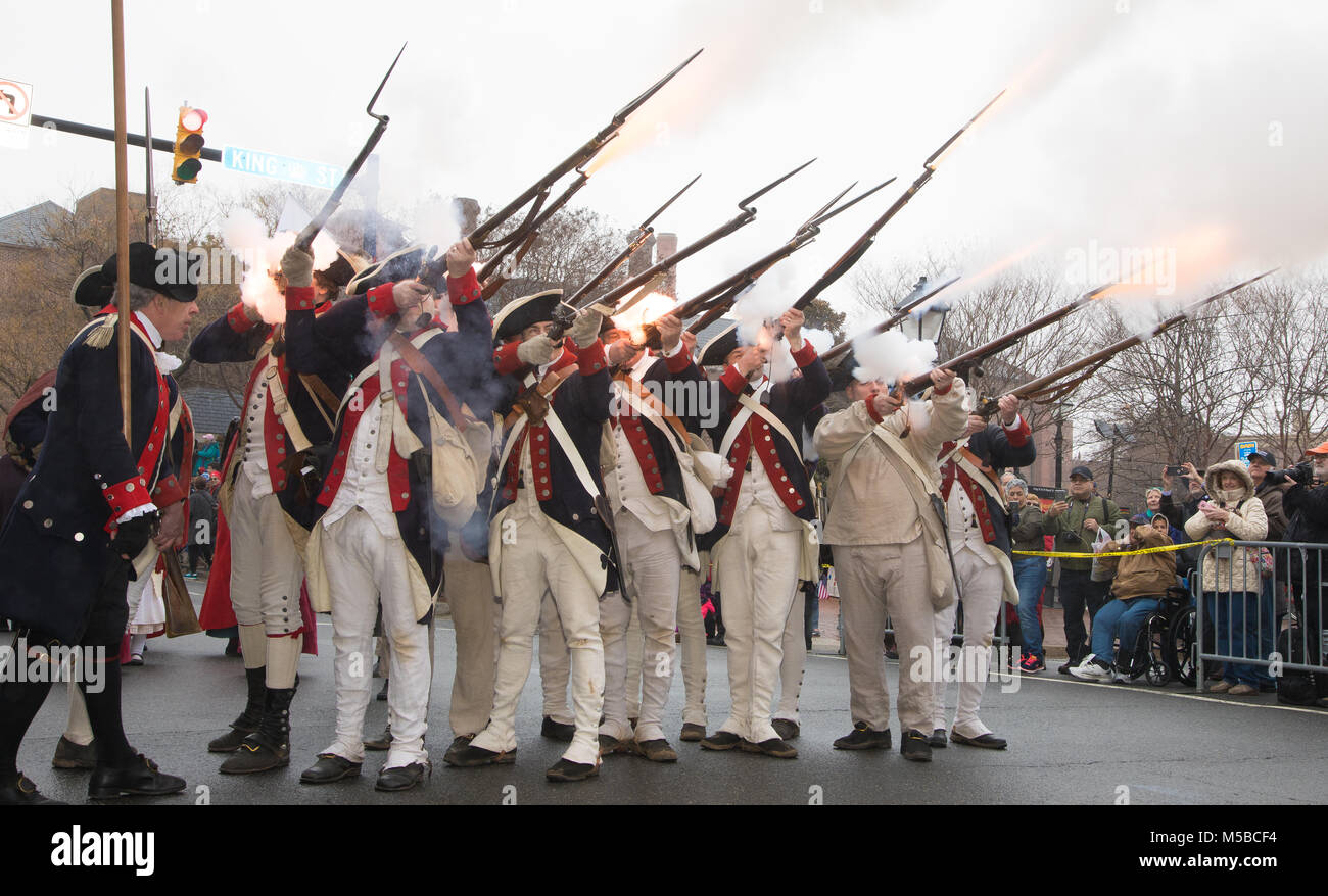 Reenactors of the First Virginia Regiment fire muskets in the George ...