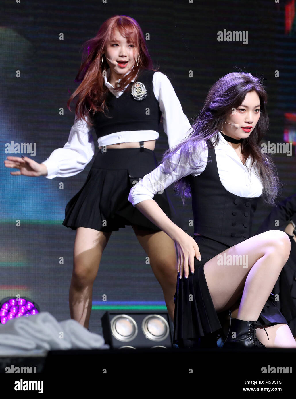 21st Feb, 2018. Girl group Weki Meki Choi Yoo-jung (L) and Kim Do-yeon of South Korean girl ...
