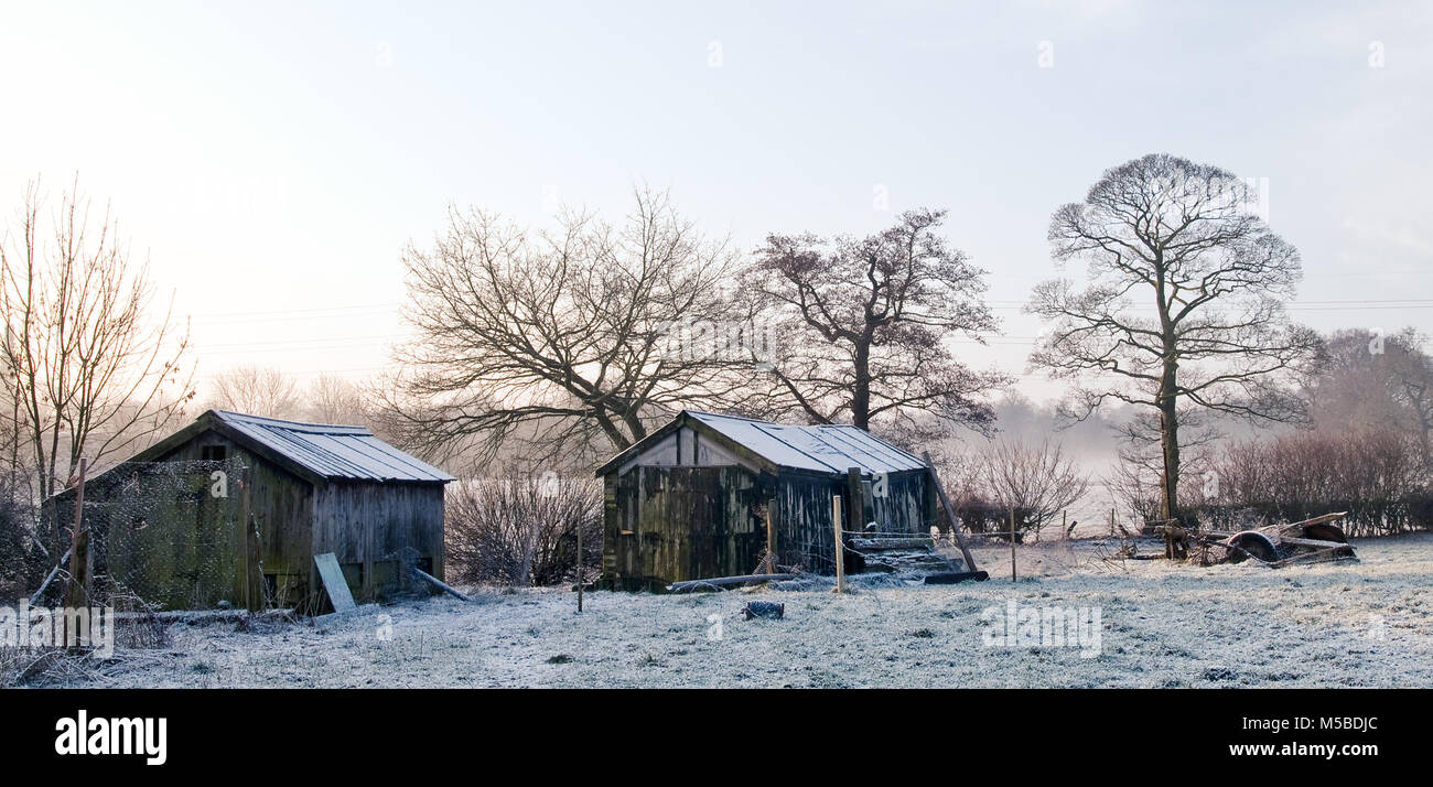 Snow covered rural winter landscape with a farmhouse and winter trees ...