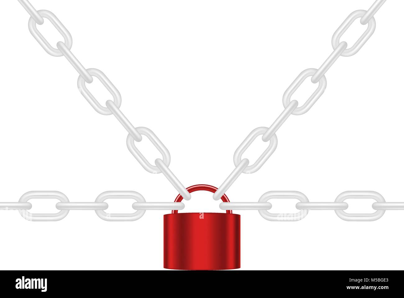 White chains locked by padlock in red design on white background Stock ...