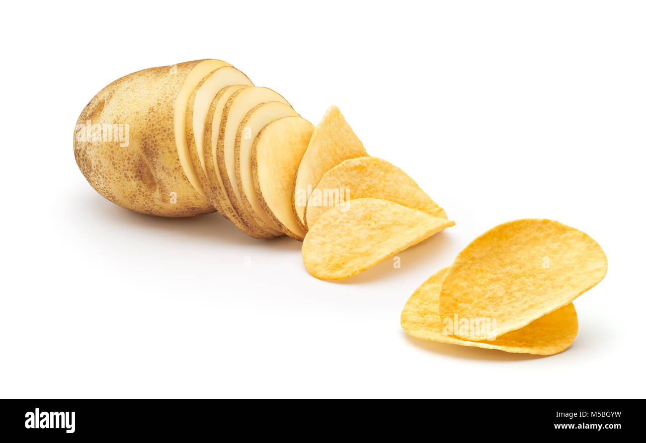 Potato slices turning into chips isolated on white background Stock ...