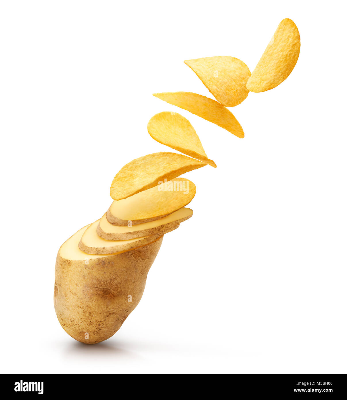 Potato slices turning into chips isolated on white background Stock ...
