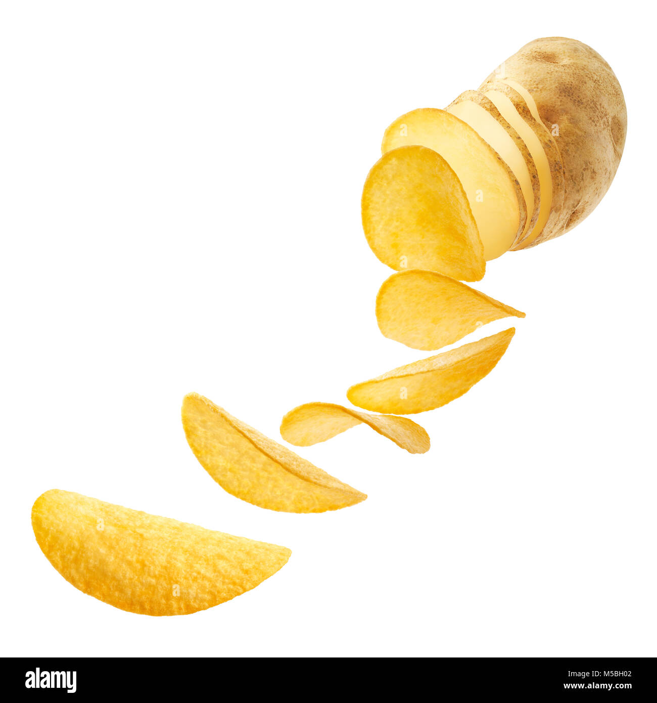 Potato slices turning into chips isolated on white background Stock ...