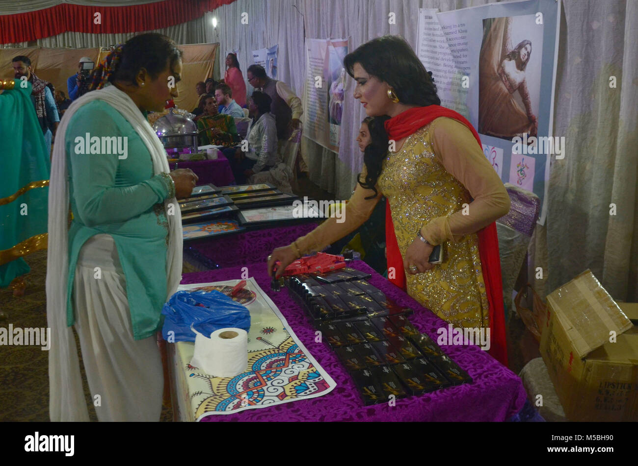 Lahore, Pakistan. 22nd Feb, 2018. Pakistani transgenders community take part during trans food ...