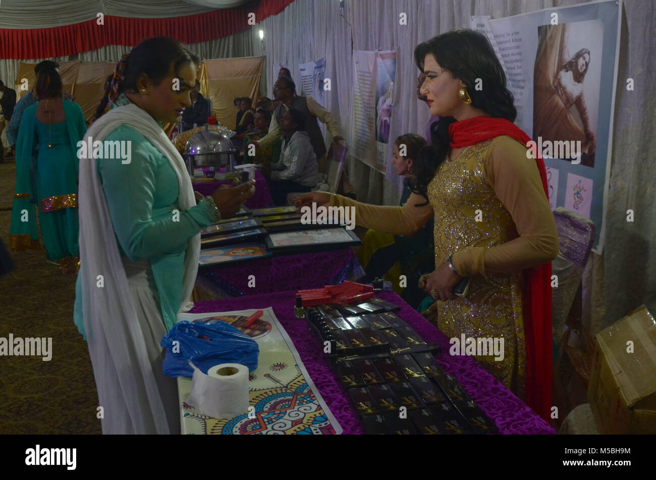 Lahore, Pakistan. 22nd Feb, 2018. Pakistani transgenders community take part during trans food ...