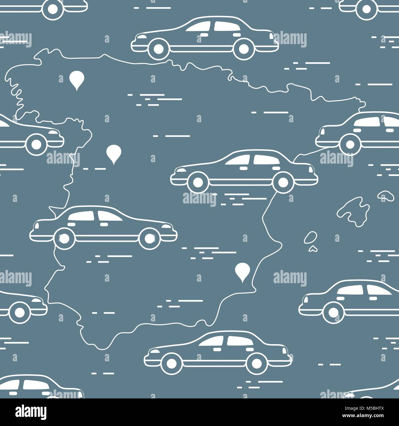 Pattern with cars and map of Spain. Travel and leisure. Design for ...