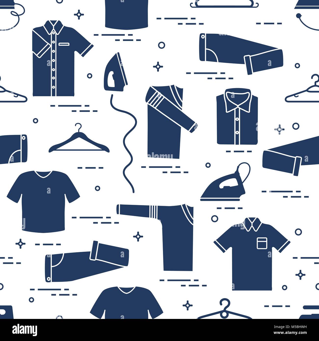 Seamless pattern with irons, clothes hangers and different clothes ...