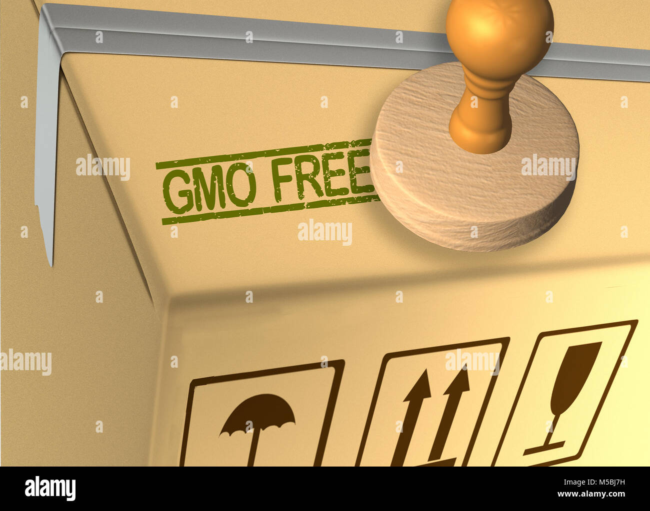 3D illustration of GMO FREE stamp title on a carton which contains food ...
