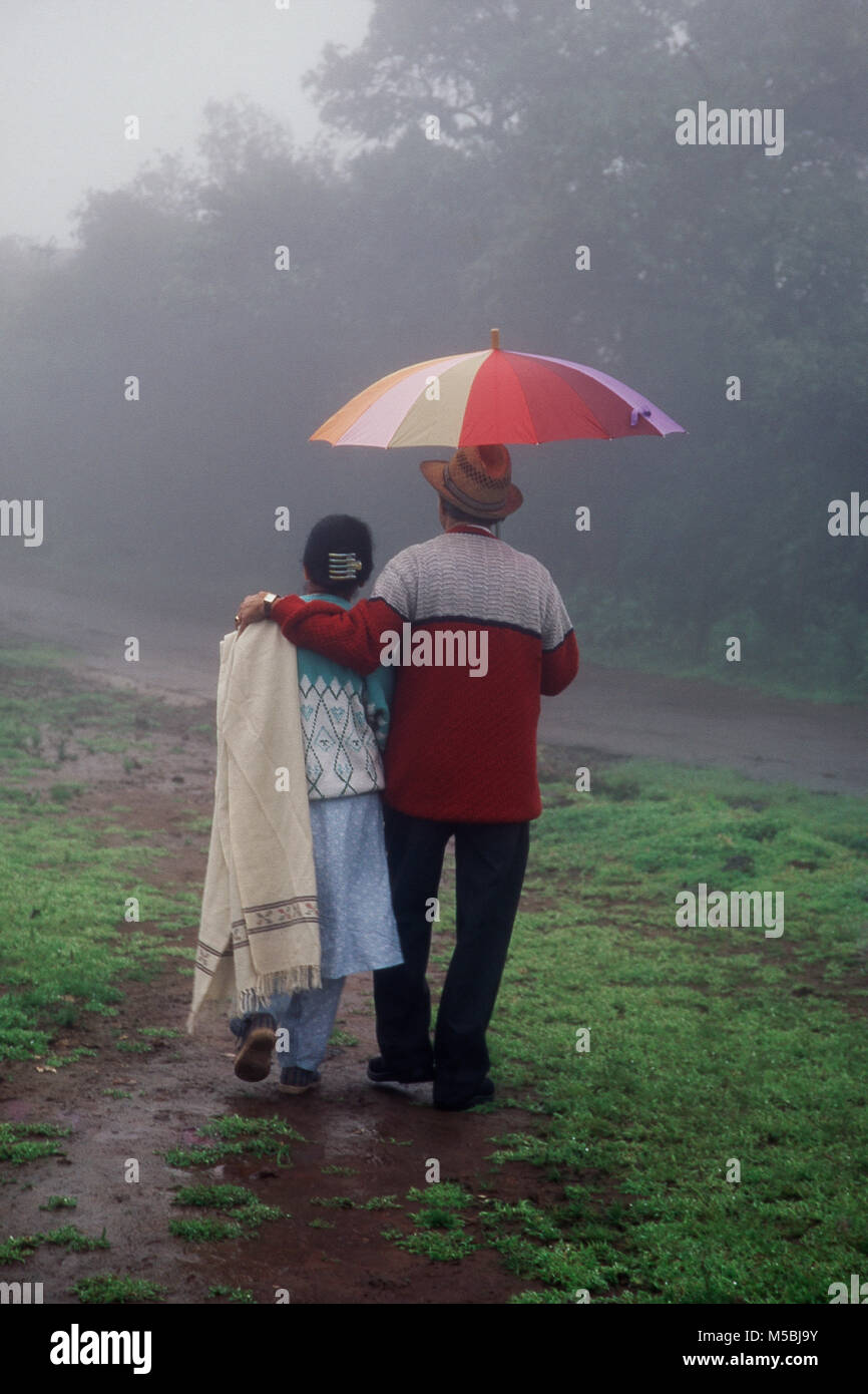 Couple taking morning walk in morning mist, Maharashtra, India Stock ...