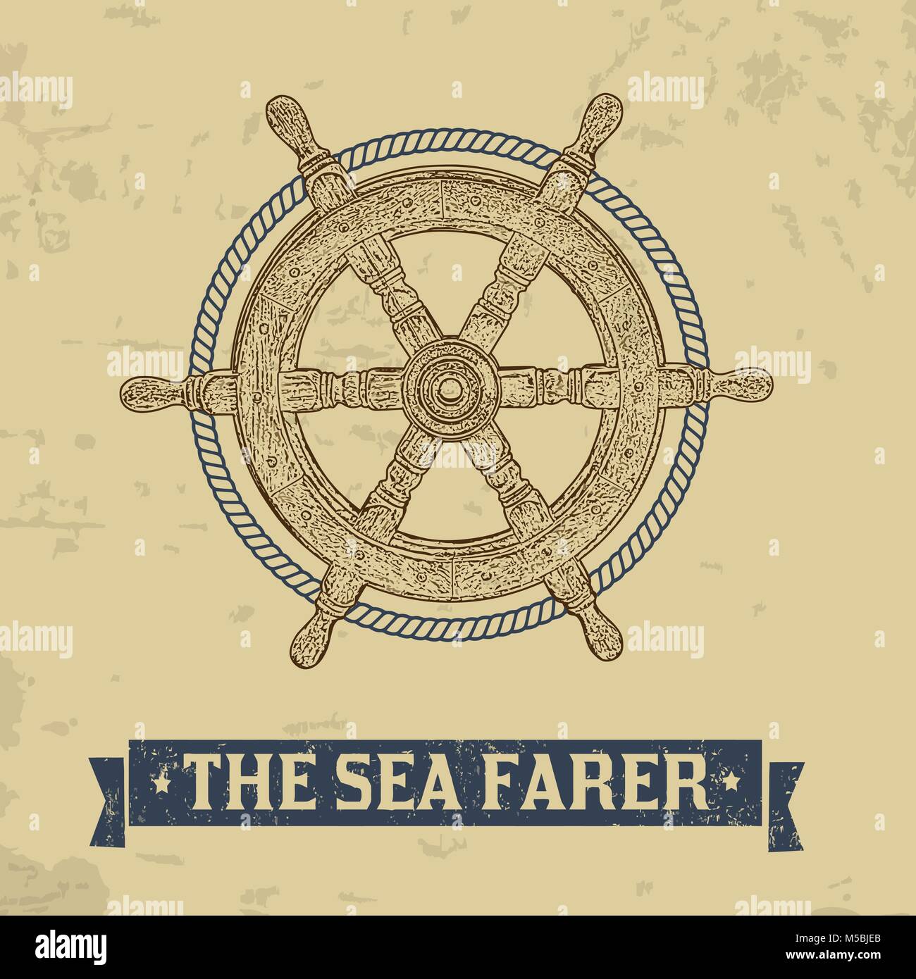 The sea farer concept. Nautical helm wheel with rope on retro ...