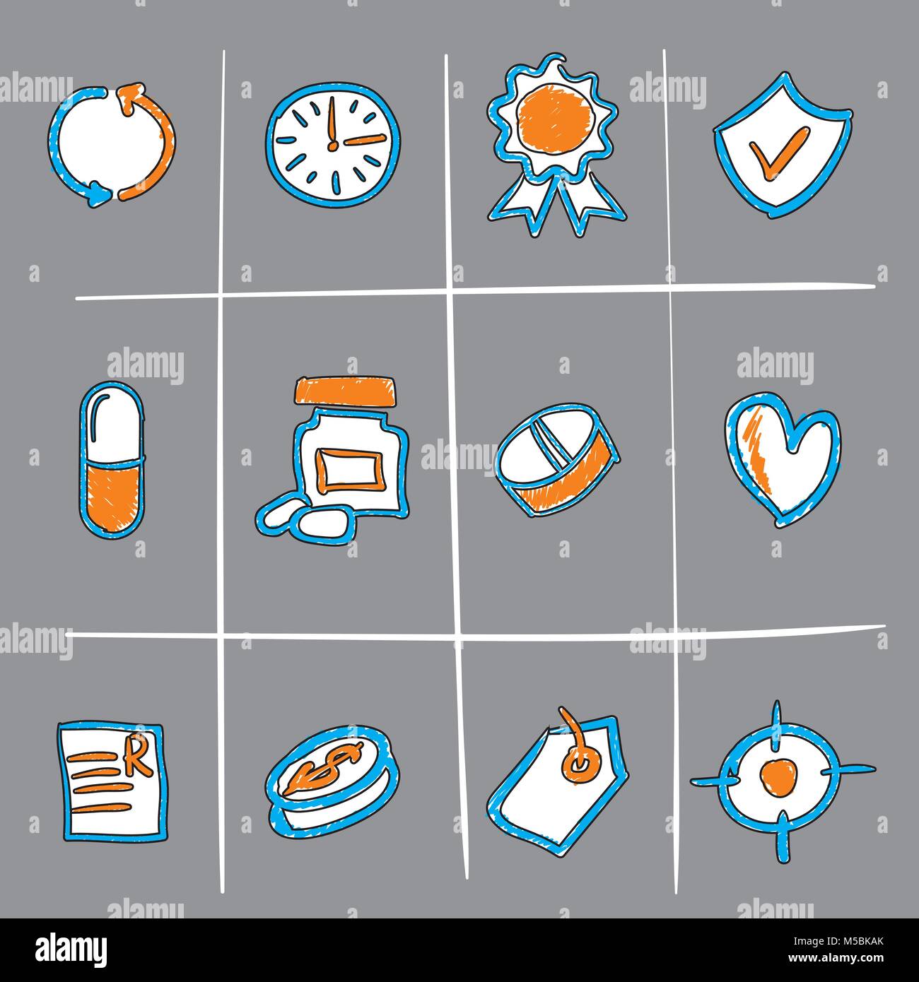 Hand drawn sketched vector medical icons or doodles. Blue and orange ...