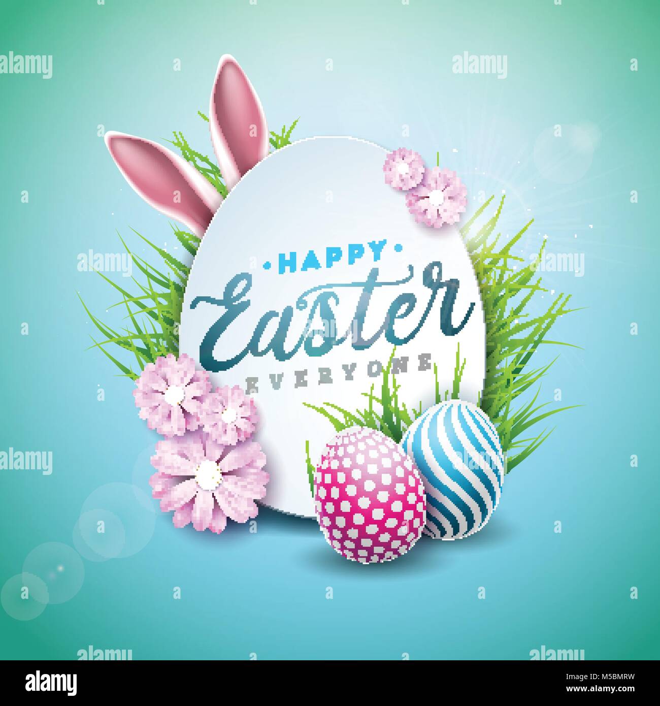 Vector Illustration of Happy Easter Holiday with Painted Egg, Rabbit ...