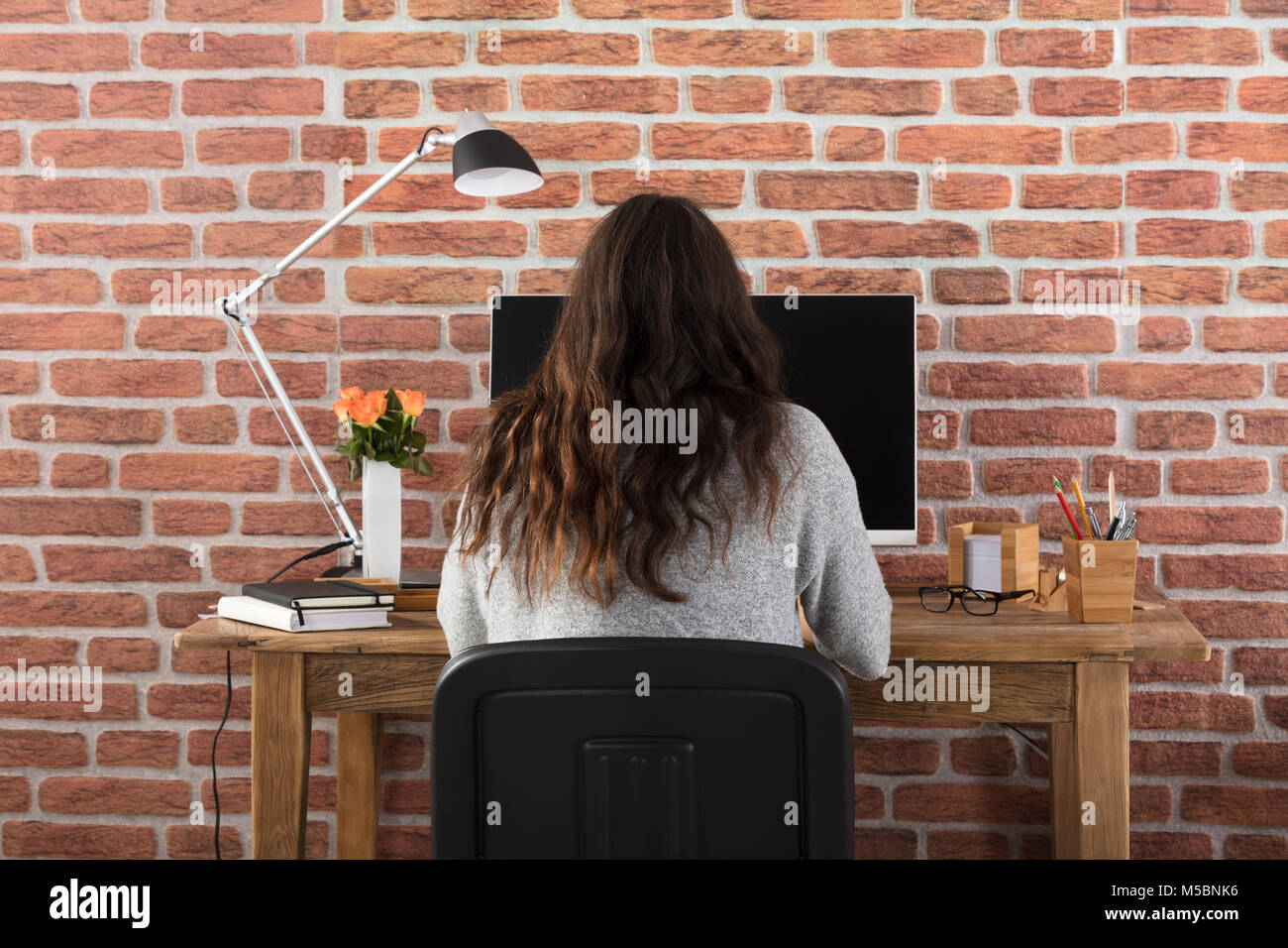 Rear View Of A Woman Using Computer Stock Photo - Alamy