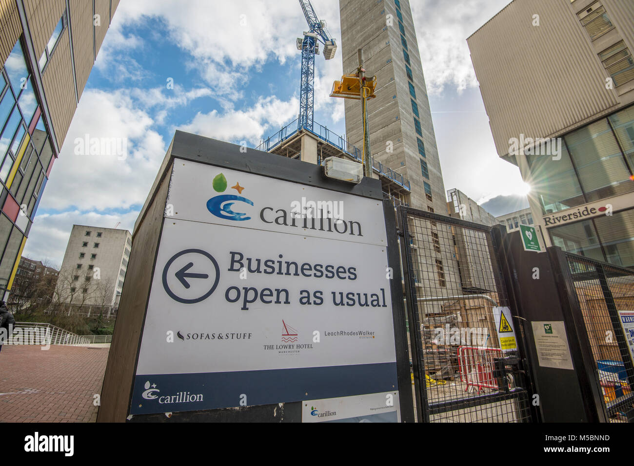 Carillion sign on a deserted building site, Salford, Greater Manchester ...