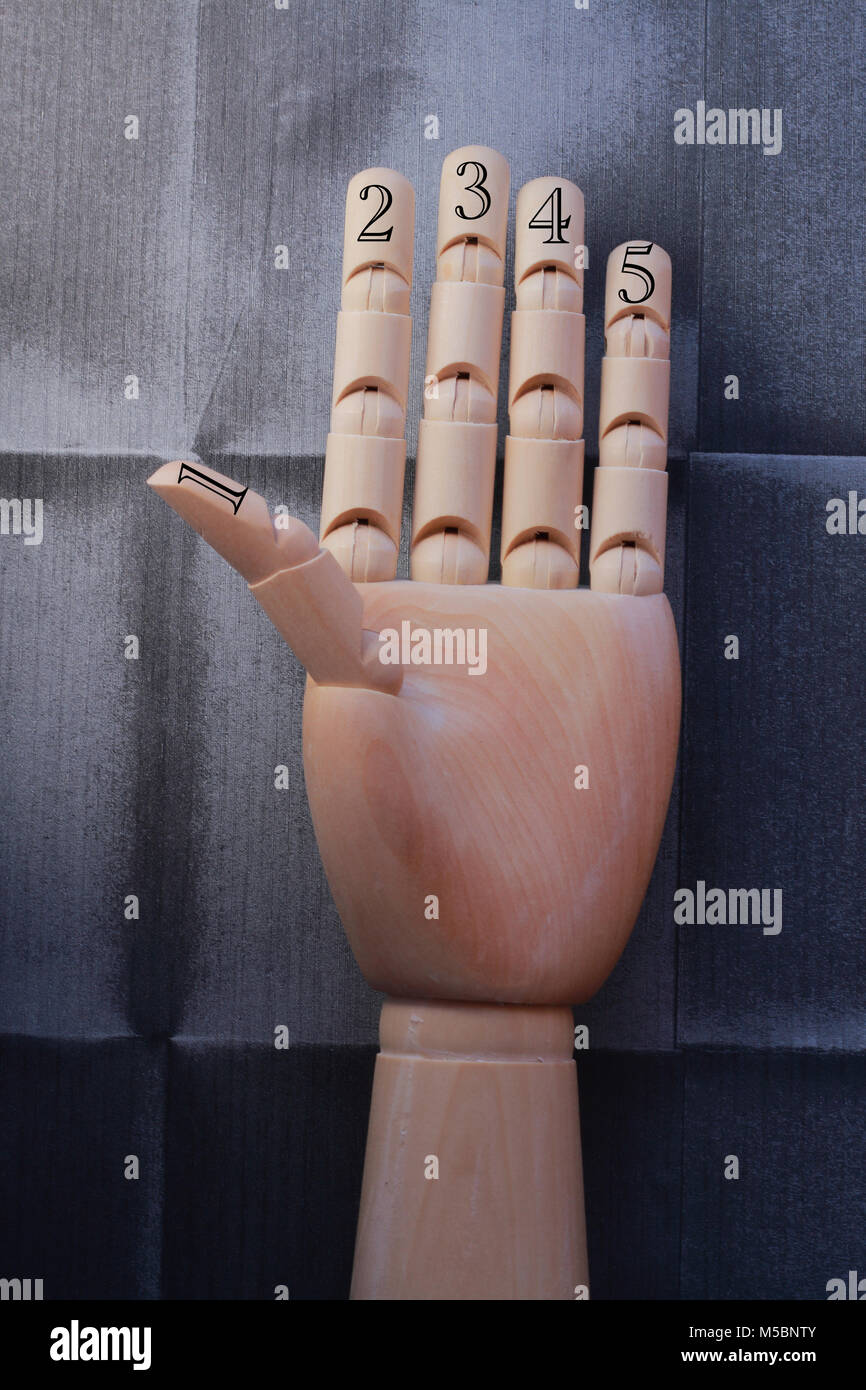Wooden hand with five fingers raised and numbered with numbers one, two ...